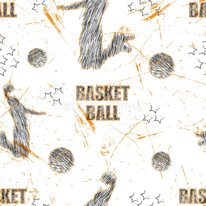 Pattern with Sketched Basketball Players, Stars and Text Stock Vector ...