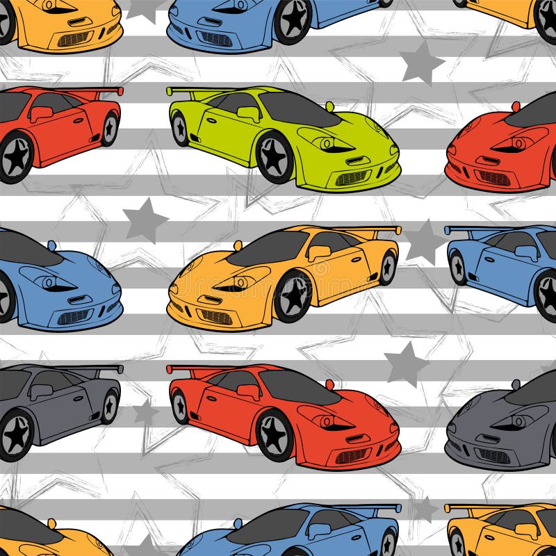 Multicolored Sports Cars with Stars on Stripes, Seamless Pattern for ...