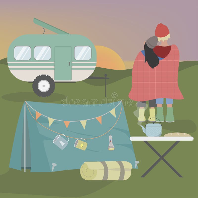 Cartoon Camper Bus. Retro Car. Travel Omnibus Family Summertime ...