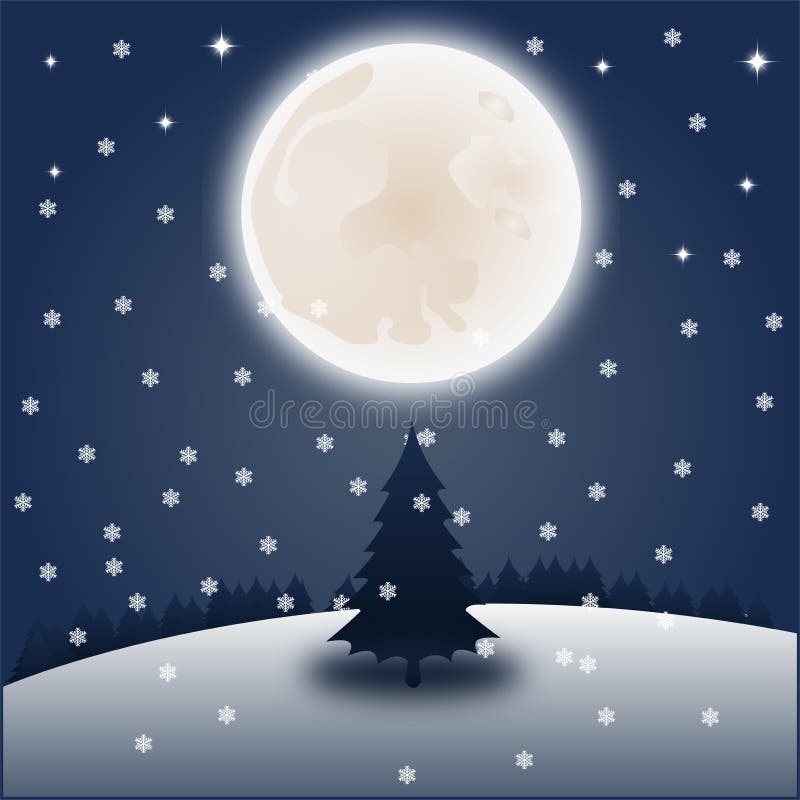 Winter Night Landscape with Moon Christmas Tree Snow Forest Stock ...