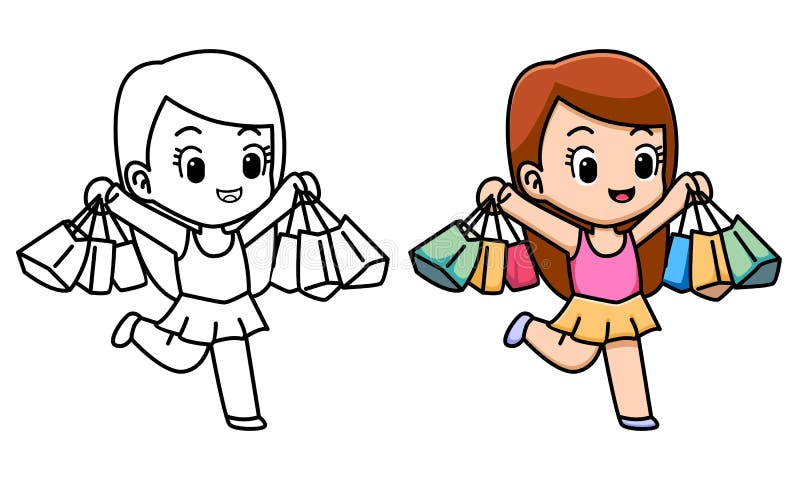 Cute Girl Shopping Coloring Page for Kids Stock Vector - Illustration ...