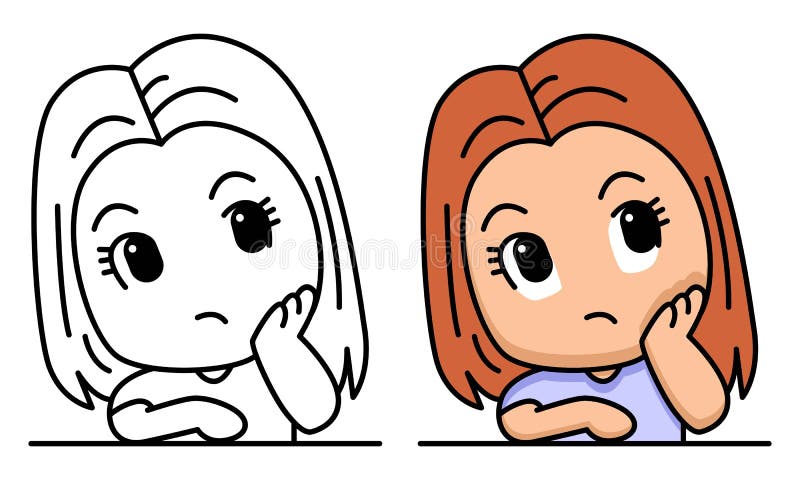 Cute Thinking Woman Coloring Page for Kids Stock Vector - Illustration ...