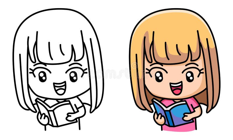 Girl Read Book Coloring Page for Kids Stock Vector - Illustration of ...