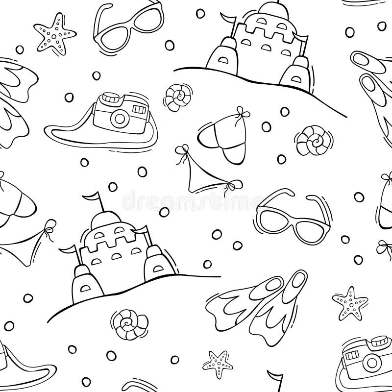 Hand Drawn Summer Seamless Pattern with Sand Castle, Camera, Swimsuit ...