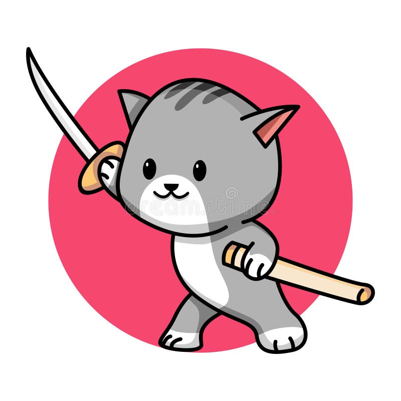 Cute Cat Holding Sword Cartoon Stock Vector - Illustration of cloak ...
