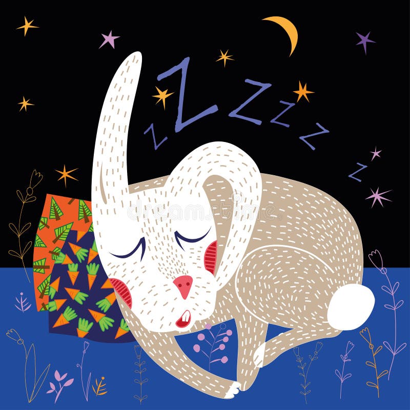 White Hare Sleeps on Pillows Under the Moonlit Sky. Stock Vector ...