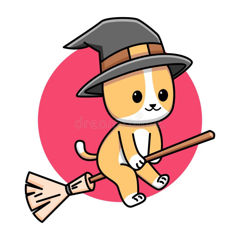 Cute Cat Riding Flying Broom Cartoon Stock Vector - Illustration of ...