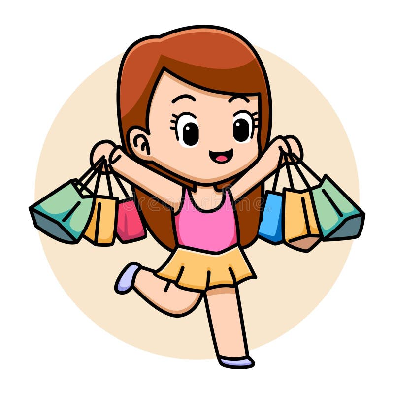Cute Happy Girl Shopping Cartoon Stock Vector - Illustration of cartoon ...