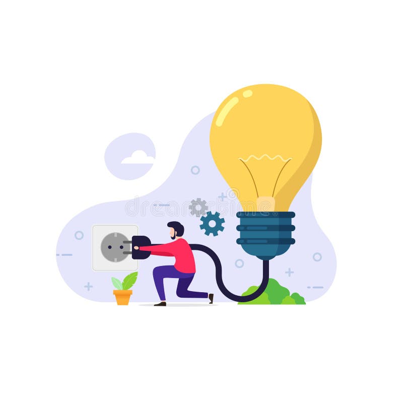 Tiny Man Turning on Light Bulb Vector Illustration and Design Stock ...