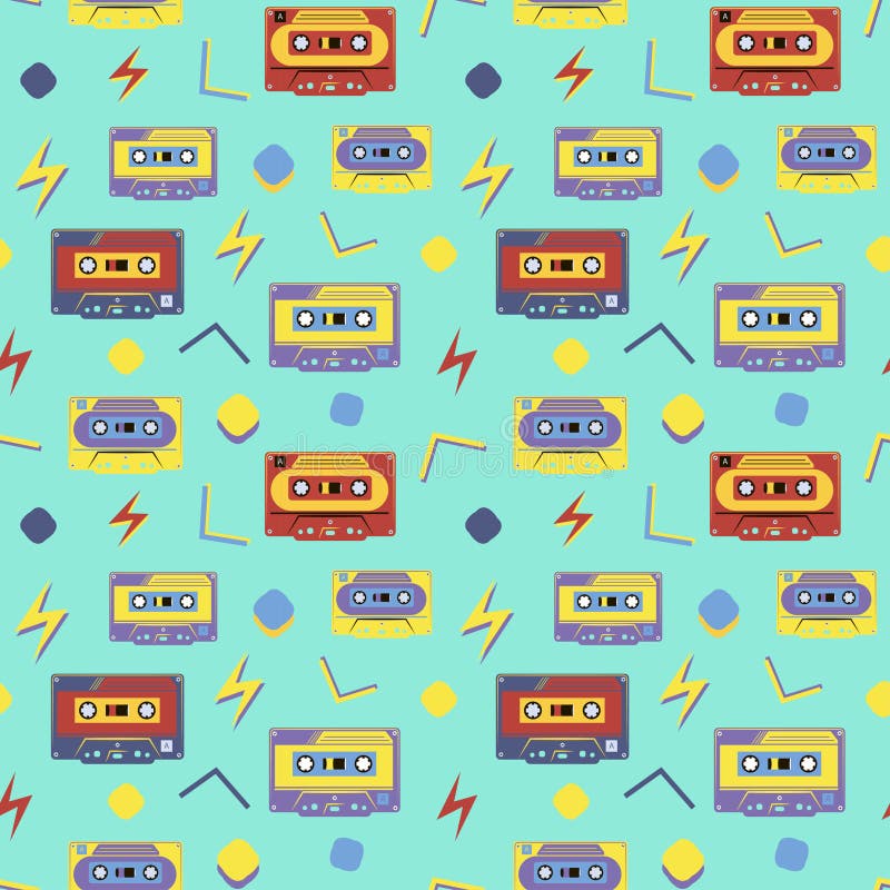 Colorful Irregular Seamless Cassette Pattern. Vintage Style 80s and 90s ...