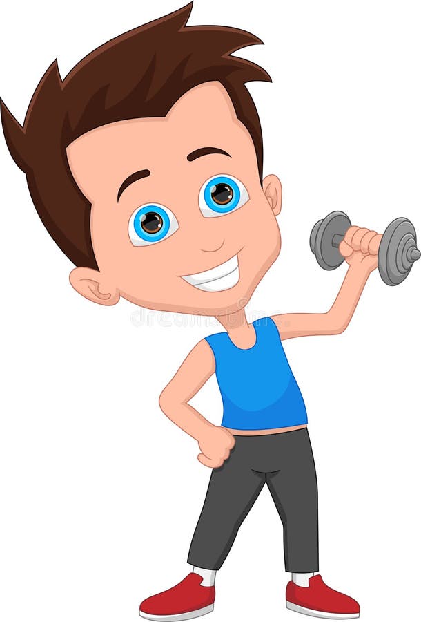 Cartoon Little Boy Exercising with Dumbbell Stock Vector - Illustration ...