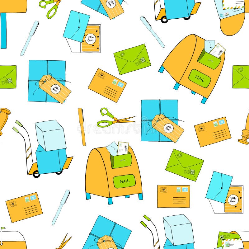 Seamless Pattern of Mail Elements Stock Vector - Illustration of font ...