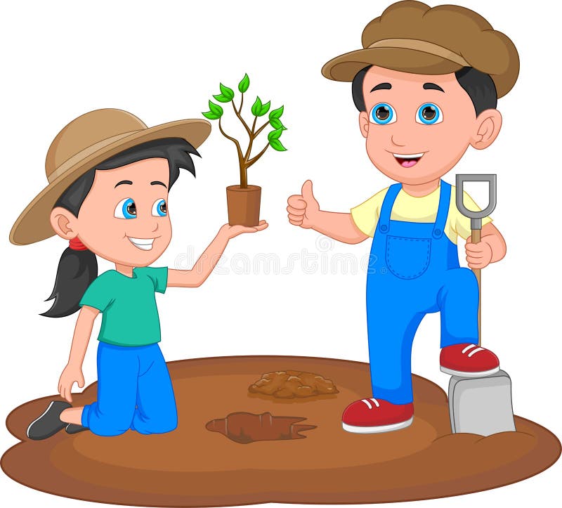 Boy and Girl Planting Trees Stock Vector - Illustration of nature ...