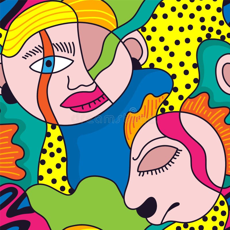Seamless Unique Abstract Pattern with Female and Male Faces Stock ...
