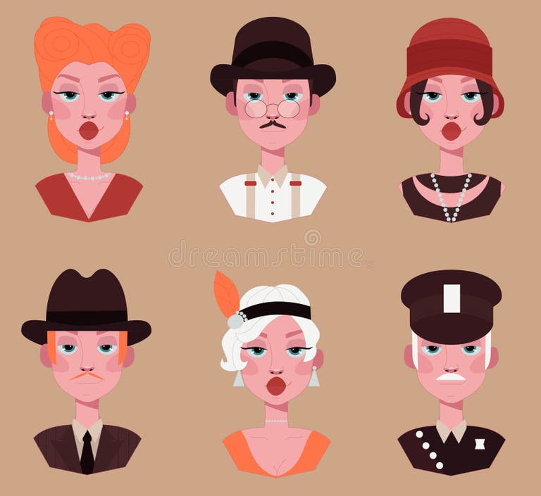 Three Women and Three Men Vintage Heads of Characters of the 20s Stock ...