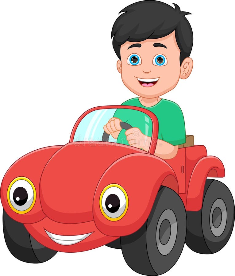 Funny Little Boy Driving Toy Car Stock Vector - Illustration of male ...