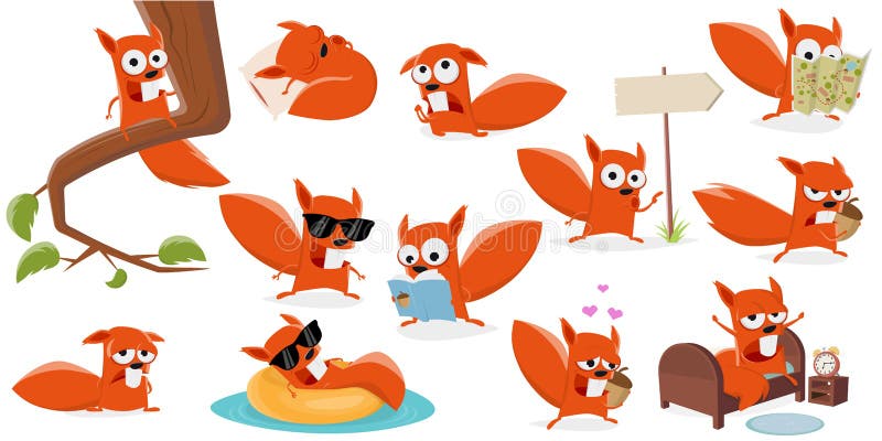 Funny Set of a Cartoon Squirrel in Various Situations Stock Vector ...