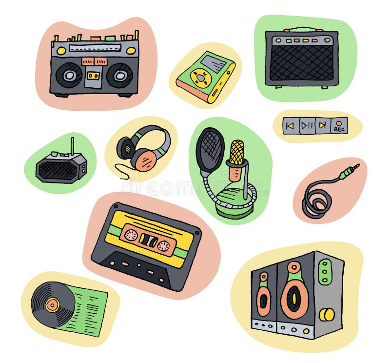 Hand Drawn Retro Music Stickers Stock Vector - Illustration of boombox ...