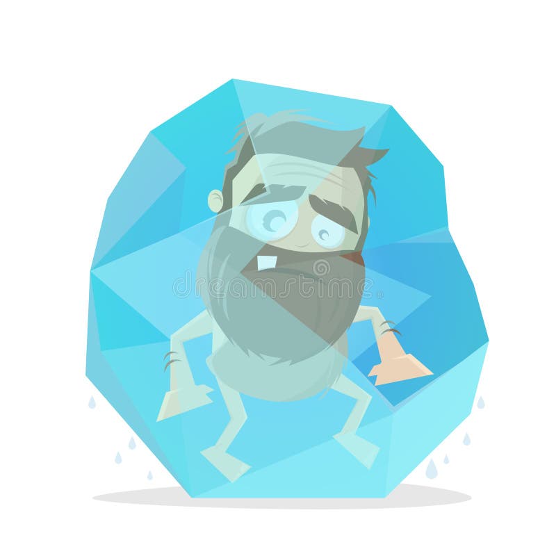 Funny Illustration of a Prehistoric Cartoon Man Frozen in an Ice Block ...