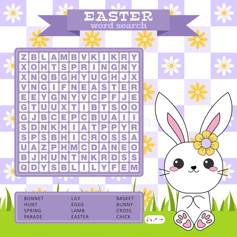 Easter Word Search Puzzle with Cute Kawaii Bunny. Educational Game ...