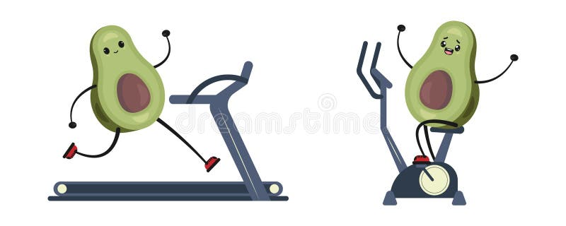 Avocado Goes in for Sports. Kawaii. Exercise Bike, Treadmill Stock ...