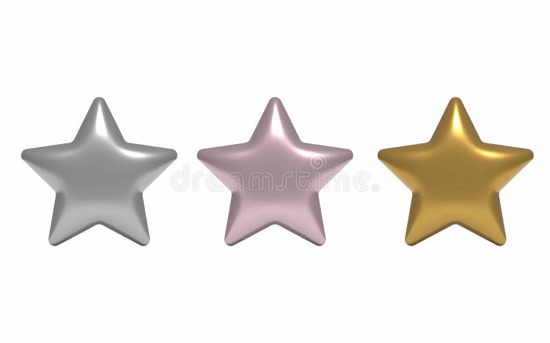 3d Render Star Icons. Three Stars in Metallic Gold, Silver and Copper ...