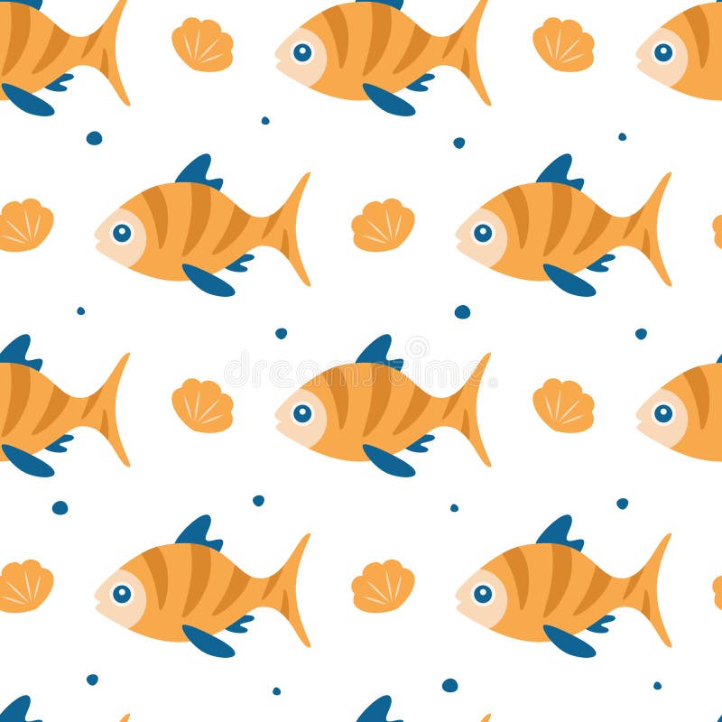 Cartoon Fish and Shell Seamless Pattern. Sea Life Theme Background in ...