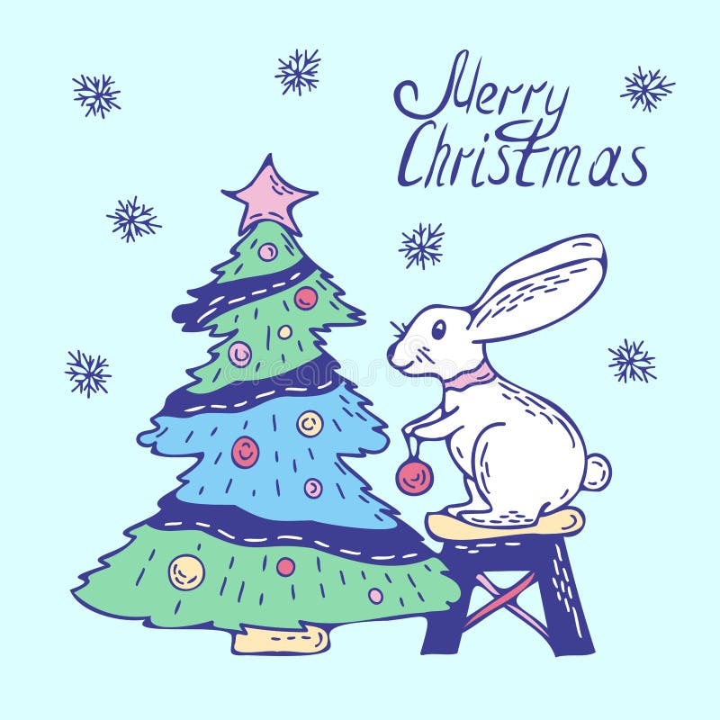 The Rabbit Decorates the Christmas Tree. Hand Drawn Holiday Vector ...