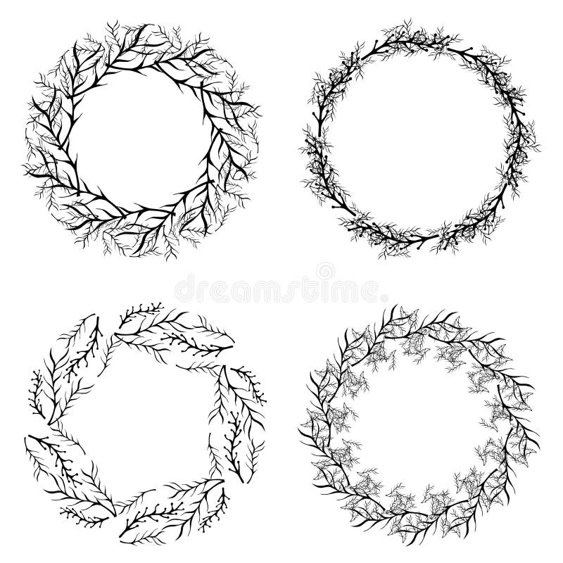 Hand Drawn Vector Black Floral Rustic Circle Wreaths with Plant Leaves ...