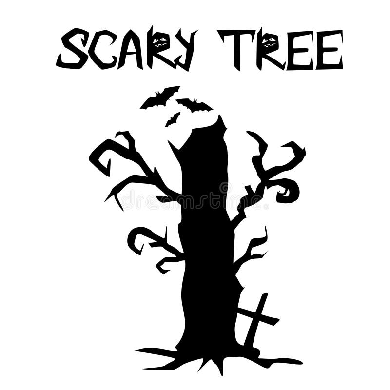 Black and White Scary Tree with Branches, Cross and Bats for Halloween ...