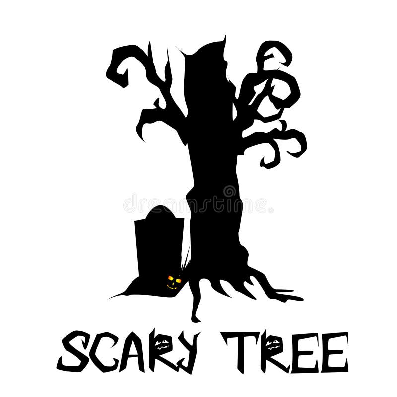 Black and White Scary Tree with Branches, Grave and Ghost Face for ...