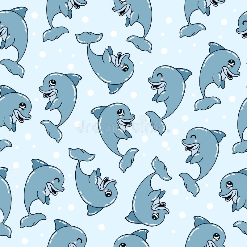 Blue Dolphin with Smiling Face Illustration on Blue Background. Hand ...