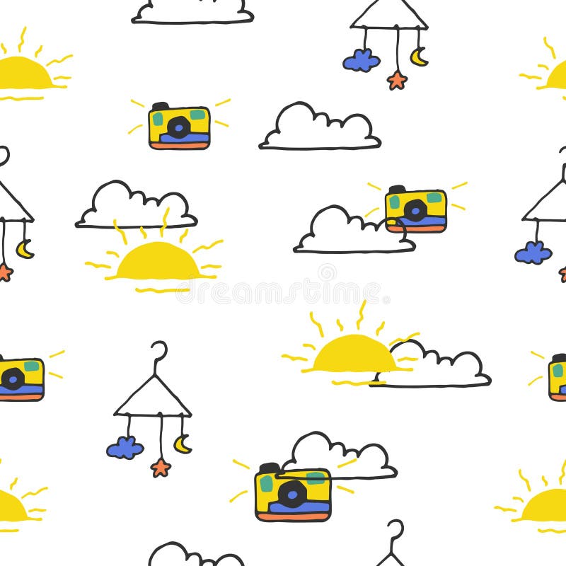 Holiday Background. Summer Time. Sun, Cloud, Camera, Hanging Star ...