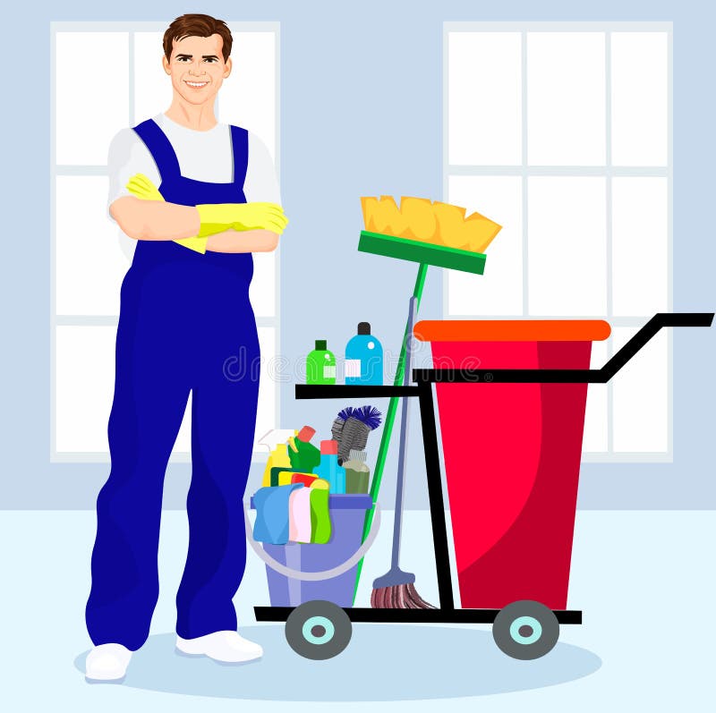Cleaning Trolley with Detergents and a Man Stock Vector - Illustration ...