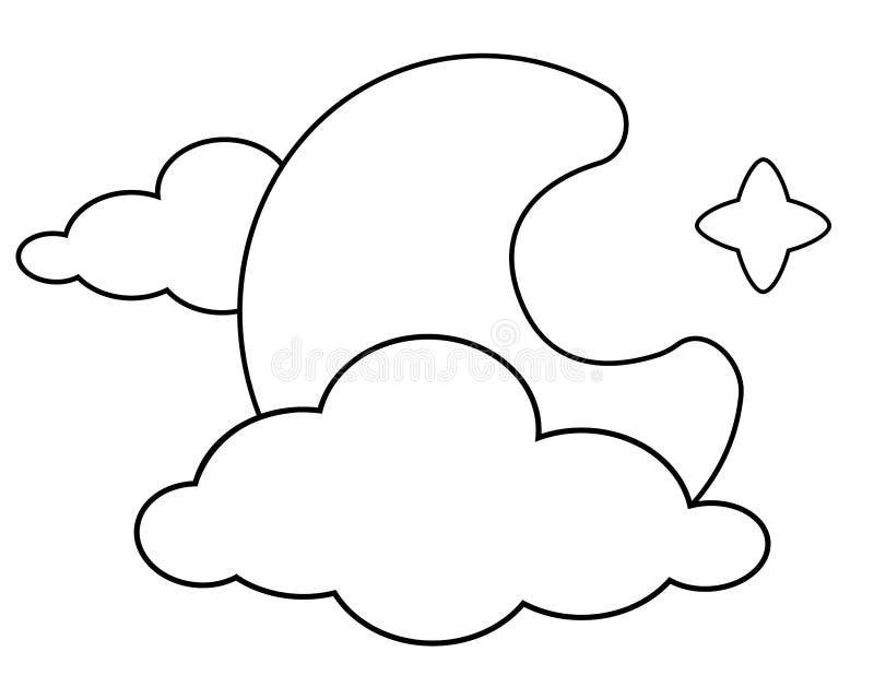Moon with Clouds and Star - Vector Linear Picture for Coloring. Outline ...