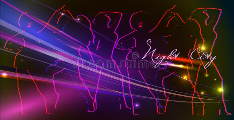 Dark Abstract Background with Neon Outlines of Dancing People ...