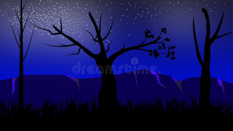 Dull trees at starry night stock illustration. Illustration of trees ...