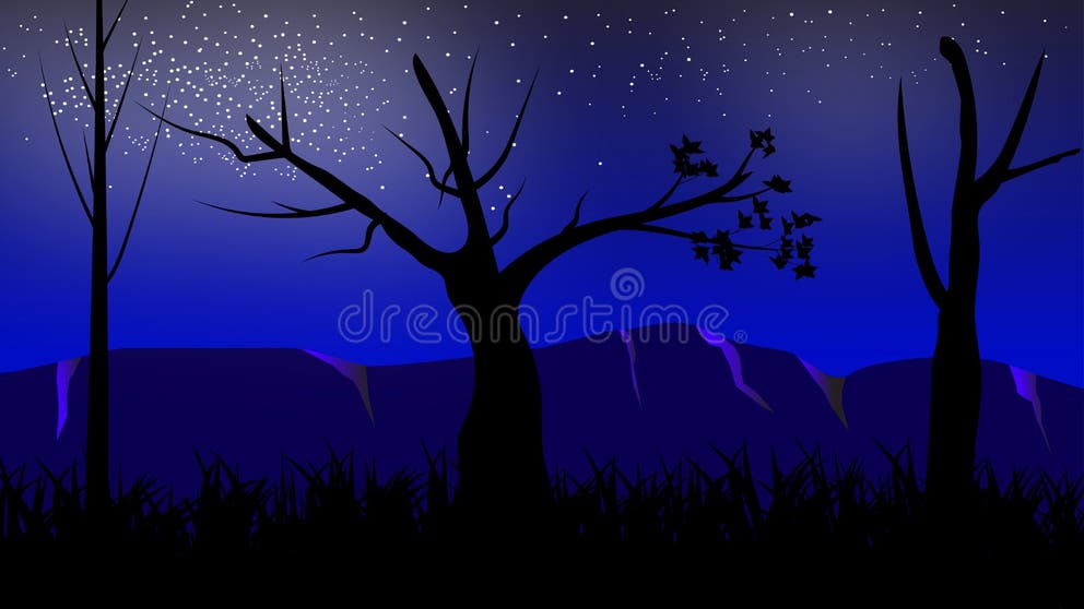Dull trees at starry night stock illustration. Illustration of trees ...