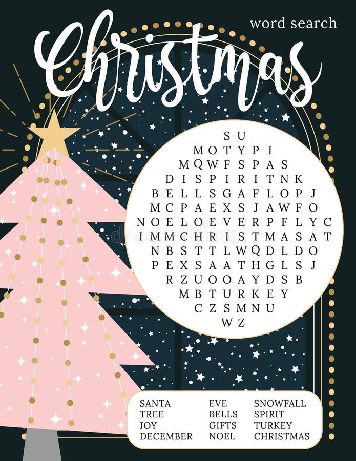 Beautiful Christmas Word Search Puzzle with Pink Tree. Crossword Game ...