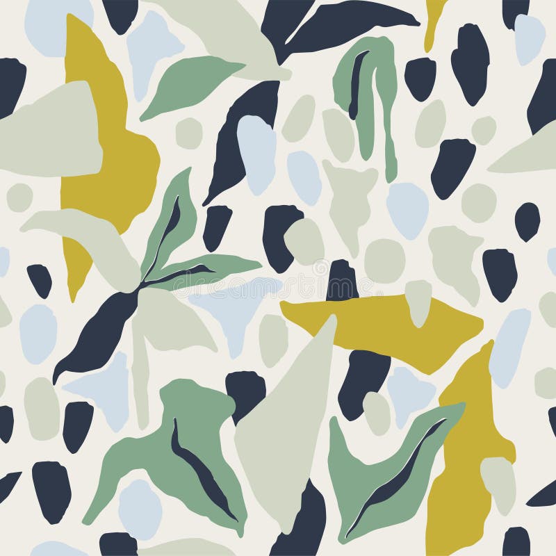 Vector Abstract Shapes and Leaf Illustration Seamless Repeat Pattern ...
