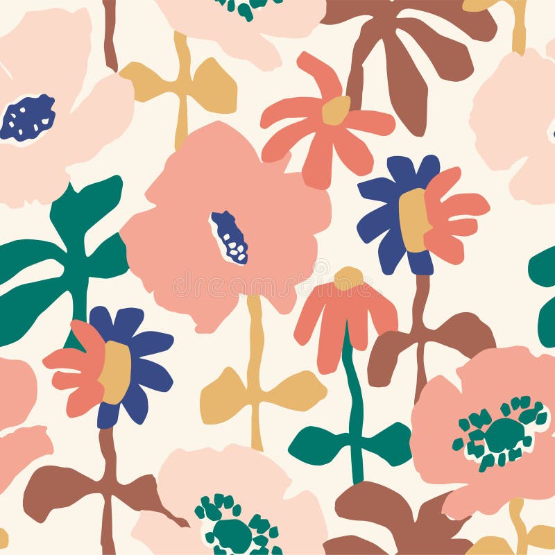 Vector Hand-drawn Abstract Retro Flower Illustration Seamless Repeat ...