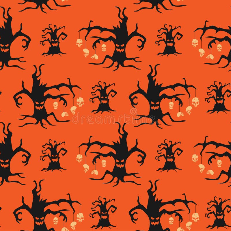 Halloween Seamless Pattern. Scary Trees with Hanging Skulls Stock ...