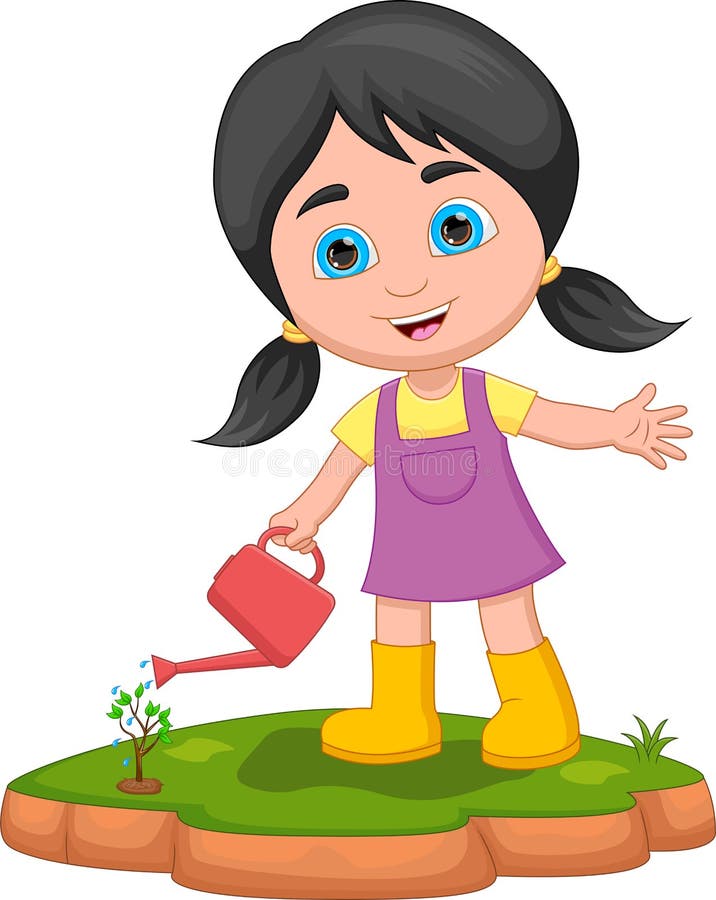 Cartoon Little Girl Watering Plants Stock Vector - Illustration of ...