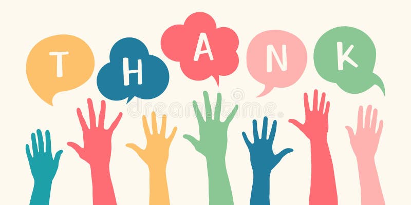 Raised Hands of Multiethnic People and Speech Bubbles with Text Thank ...