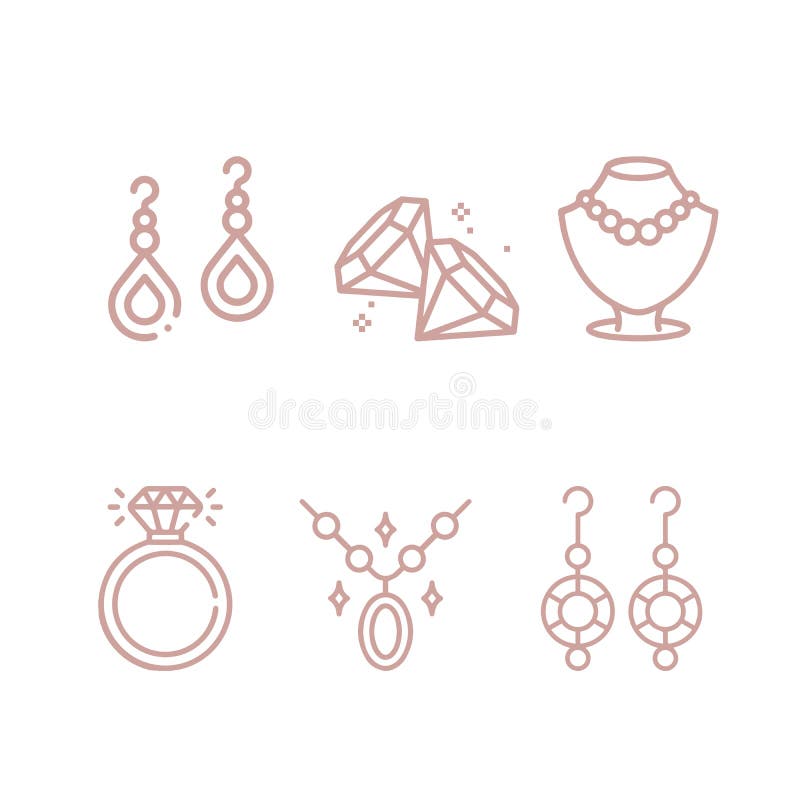Jewelry Icons Set. Earring, Necklace, Diamond, Brilliant Outline Flat ...