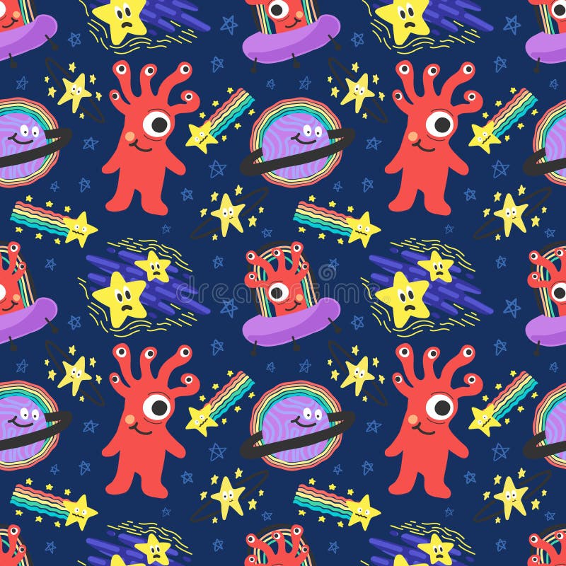 Cute Character Space Aliens Stars and Planets Vector Seamless Pattern ...