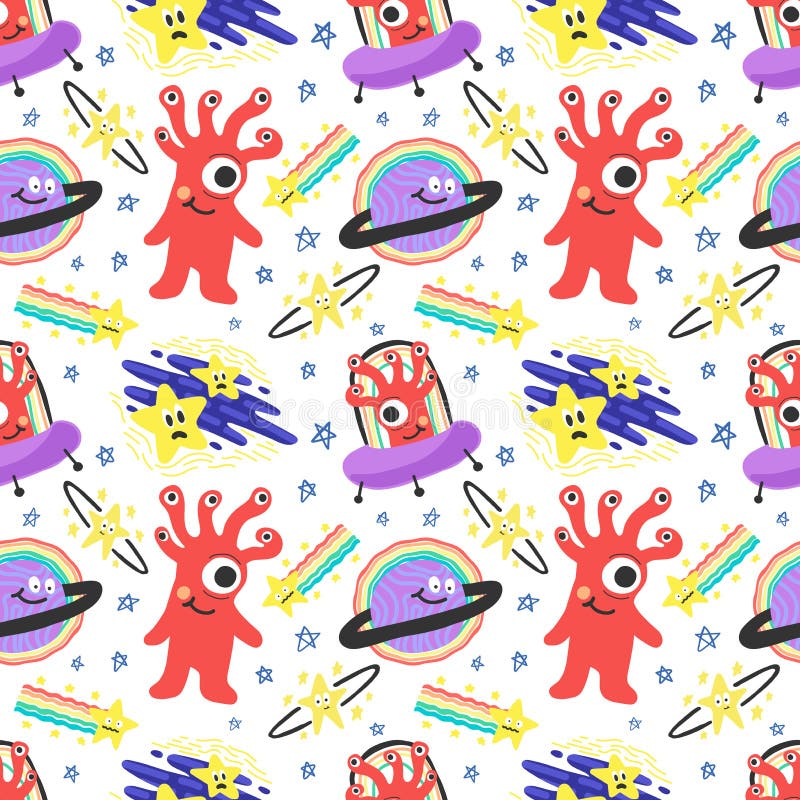 Cute Character Space Aliens Stars and Planets Vector Seamless Pattern ...