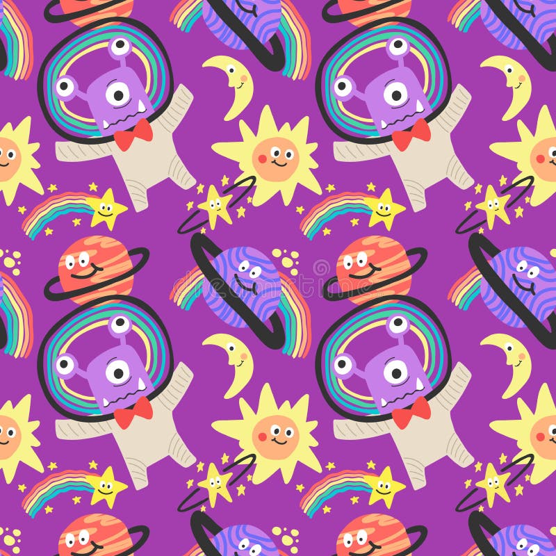 Cute Character Space Aliens Stars and Planets Vector Seamless Pattern ...