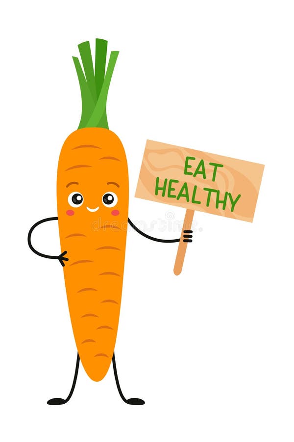 Cute Carrot with "eat Healthy" Sign in a Hand. Fresh Vegetables ...