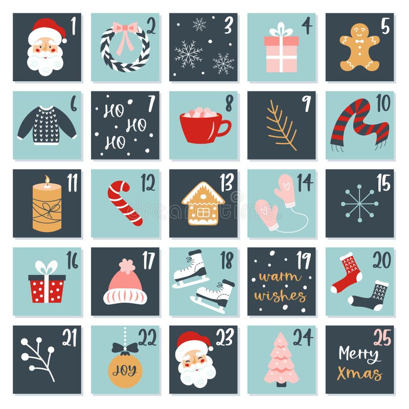 Christmas Advent Calendar with Traditional Symbols and Doodle Elements ...